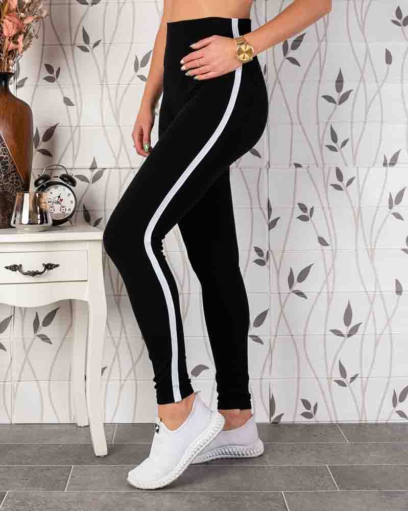 Dámske bezšvové čierne legíny, vysoký pás, po stranách biely pás, bavlnené