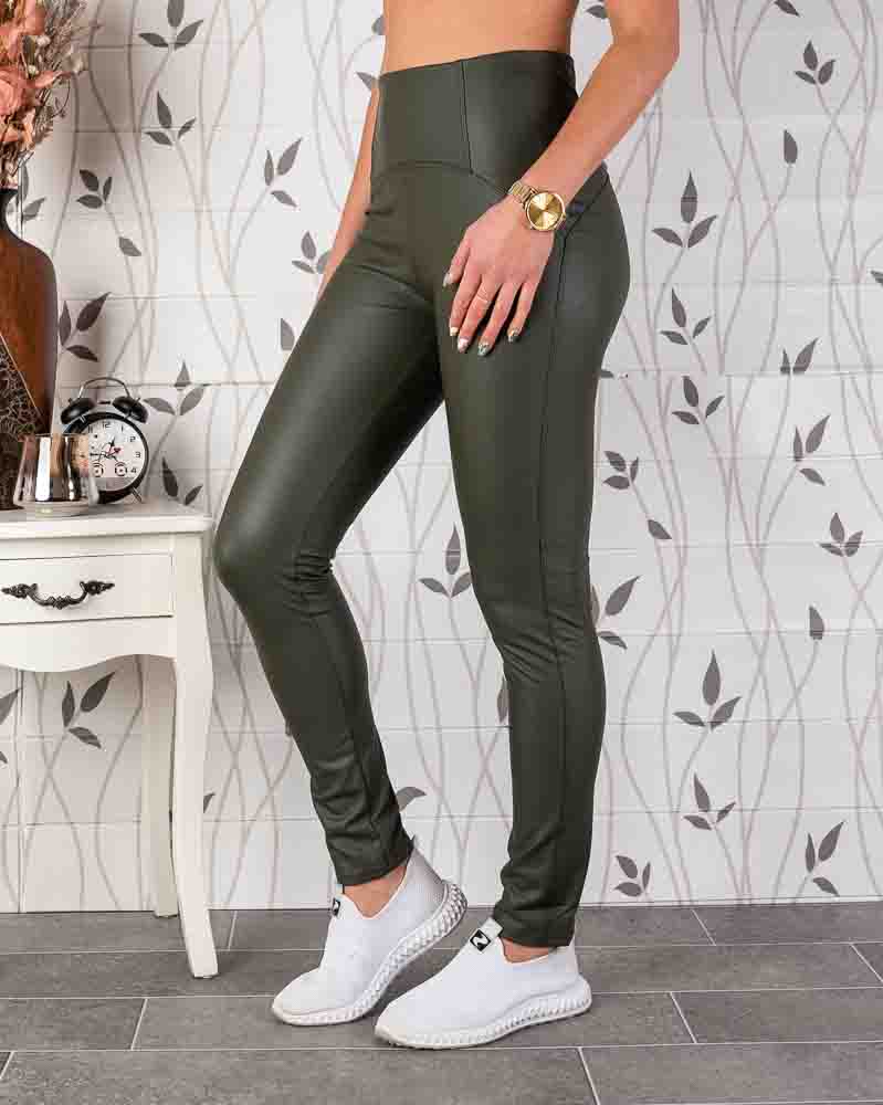 Koženkové legíny, vysoký pás, slim fit, jemne zateplené, khaki