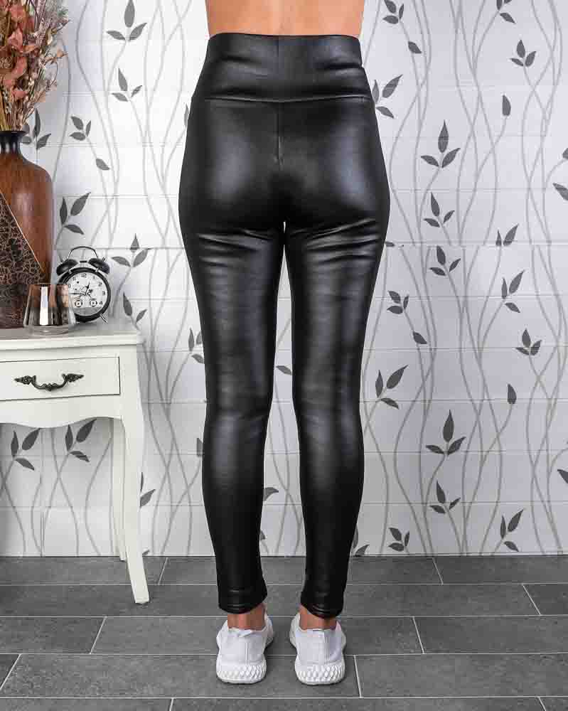 Dámske zateplené koženkové legíny s vysokým pásom, čierne